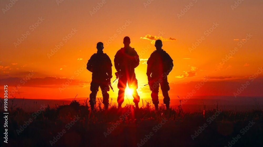 Three soldiers standing against a vibrant sunset sky. Silhouettes ...