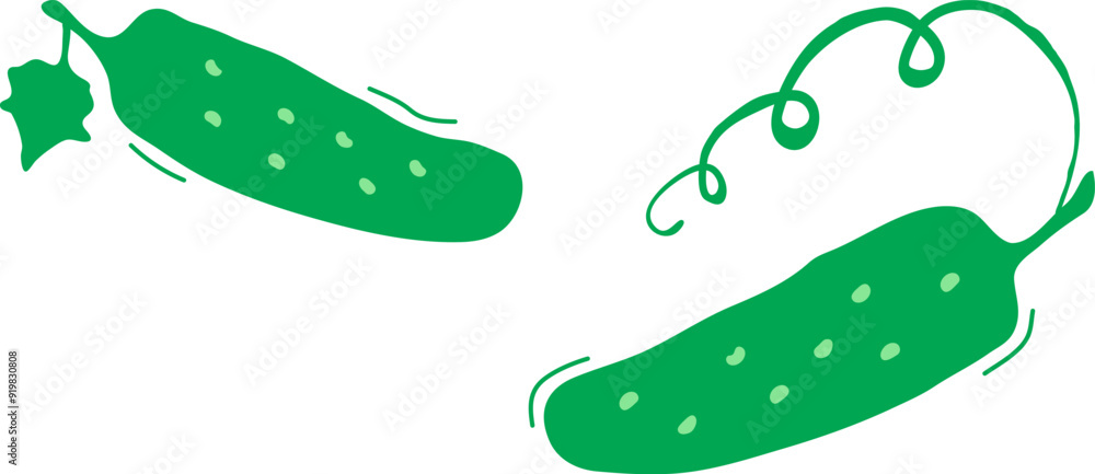 Cartoon cucumbers hand drawn with leaf, cute vegetable doodle set ...