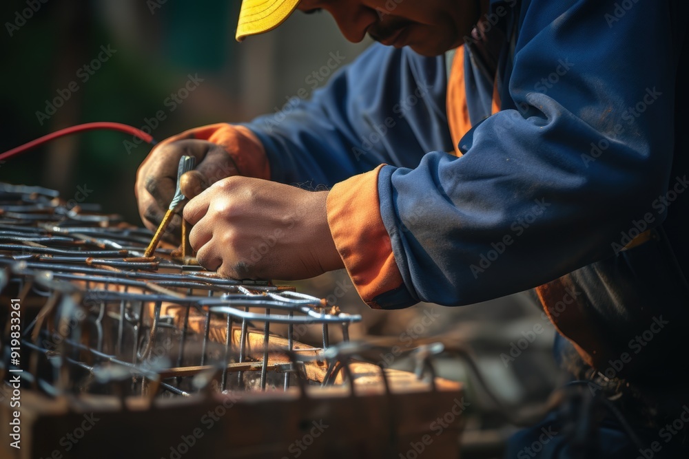 Construction Worker hands using pincer pliers iron wire. Outdoor Worker ...