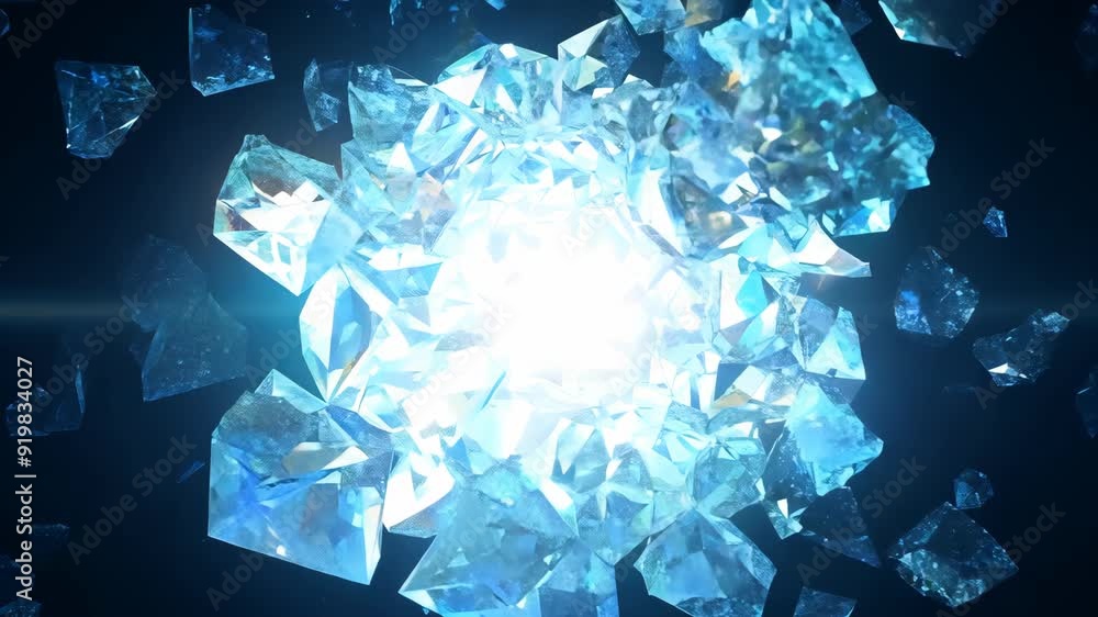 Floating blue crystals in space, moving from the luminous center. An ...