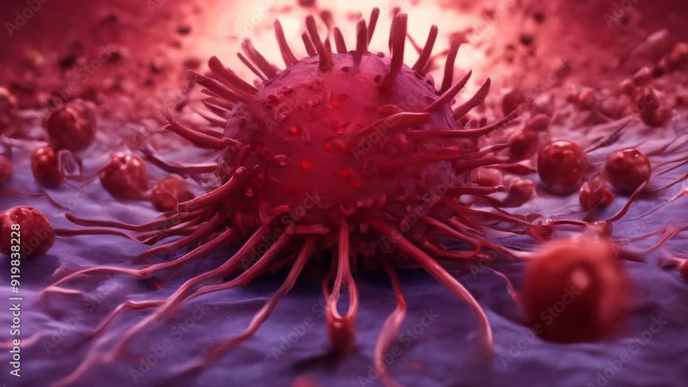 A detailed microscopic view of red viruses, showing their spiked ...