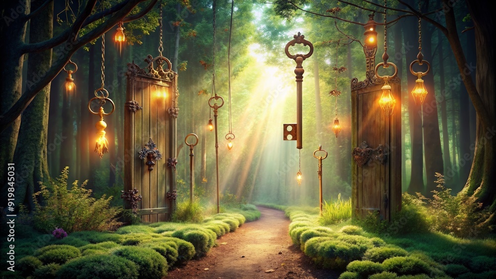 Enchanted keys in a magical forest with personalities unlocking destiny ...