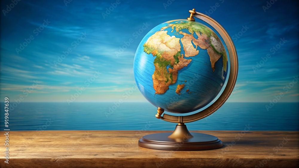 World globe with wooden base, bronze meridian, blue ocean, and ...