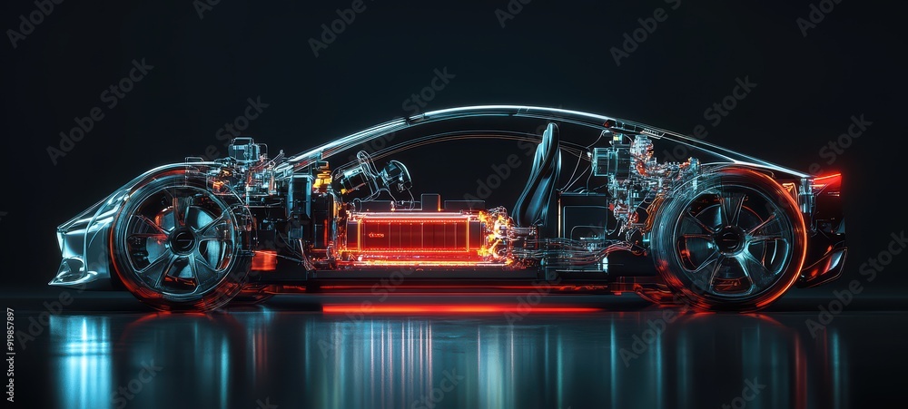 Electric car cross-section showcasing internal components such as the ...