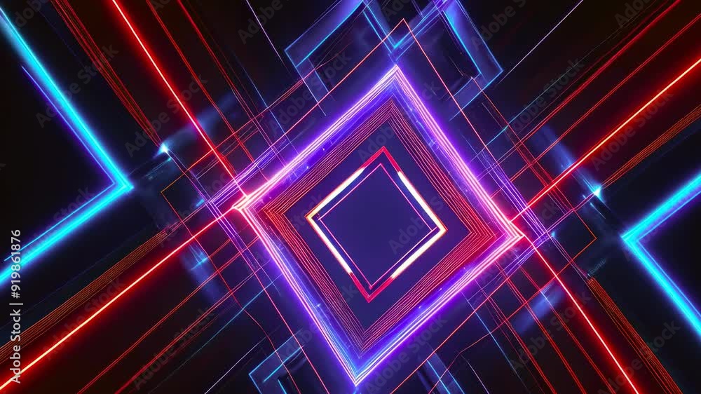 Neon lights in red, blue, and pink create symmetrical geometric ...