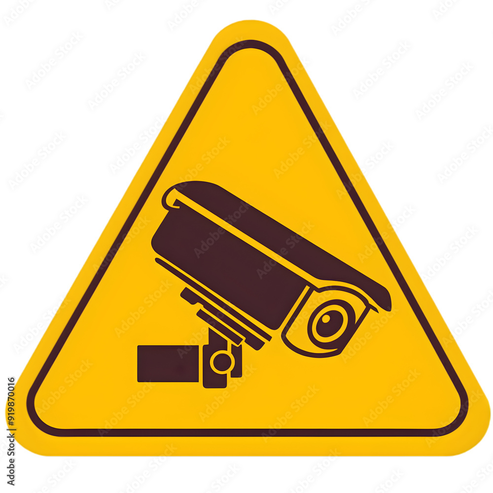 Yellow CCTV camera surveillance sign with a warning symbol for security ...