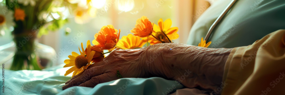 Hospice and Palliative Care Month. Patient with arthrosis holds flower ...