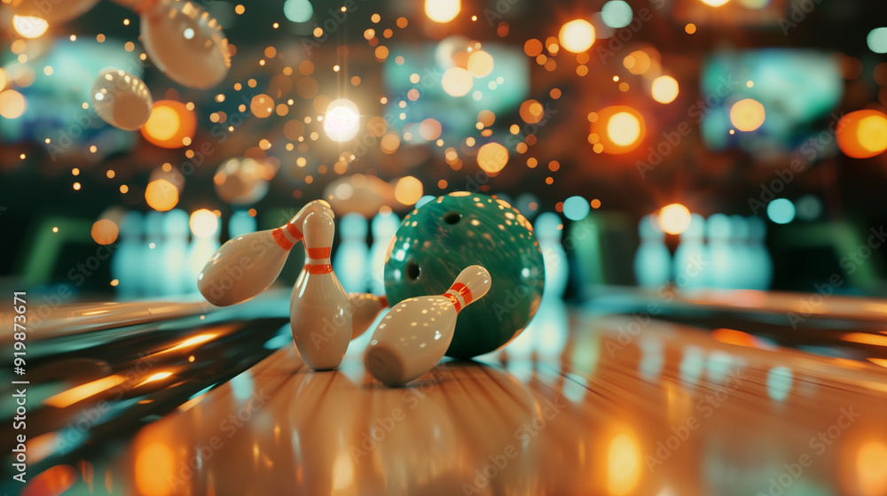 Green bowling ball knocking down bowling pins in a bowling alley ...