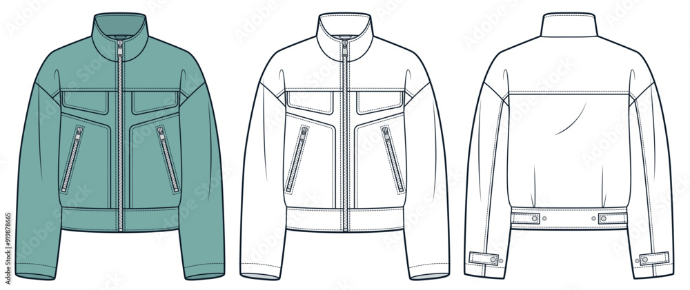 Bomber Jacket fashion flat technical drawing template. Zipped Jacket ...