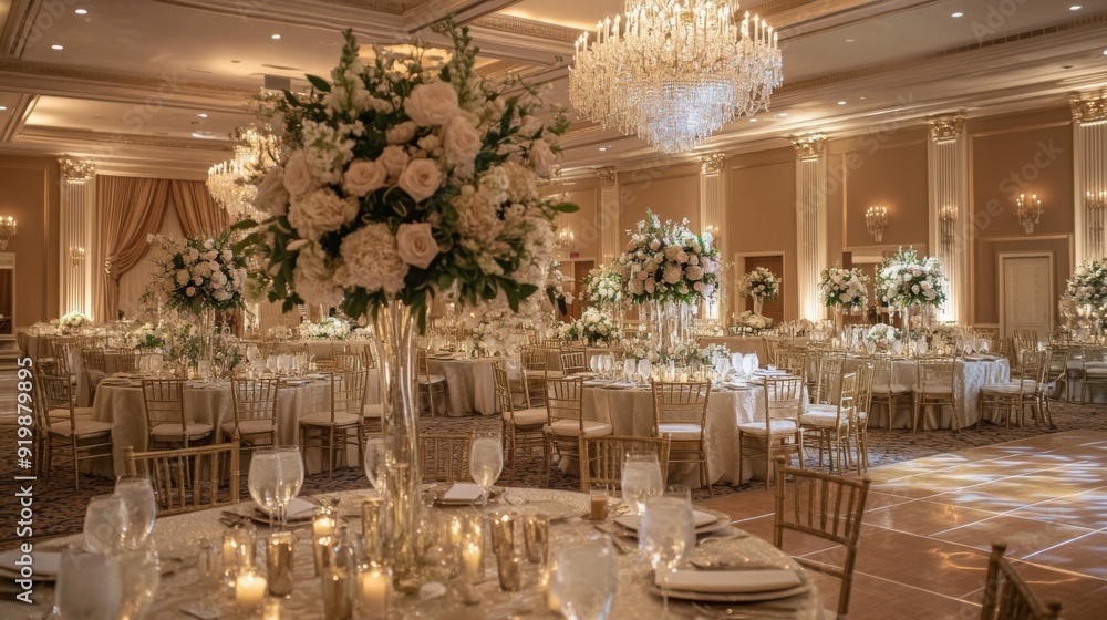 A beautifully arranged wedding reception featuring elegant floral ...