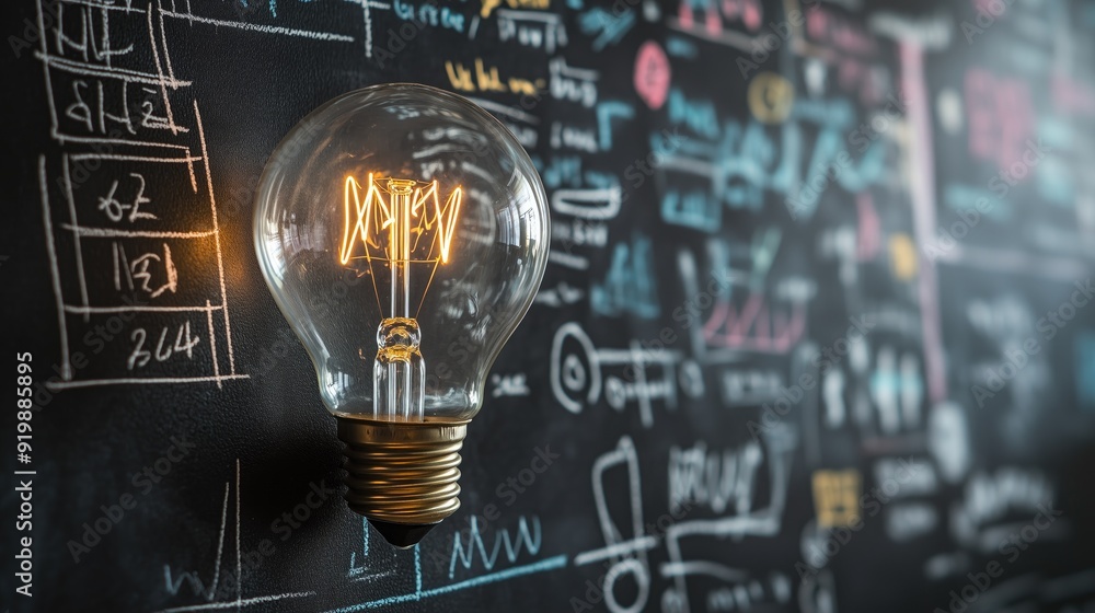 Bright light bulb against old chalkboard filled with complex equations ...