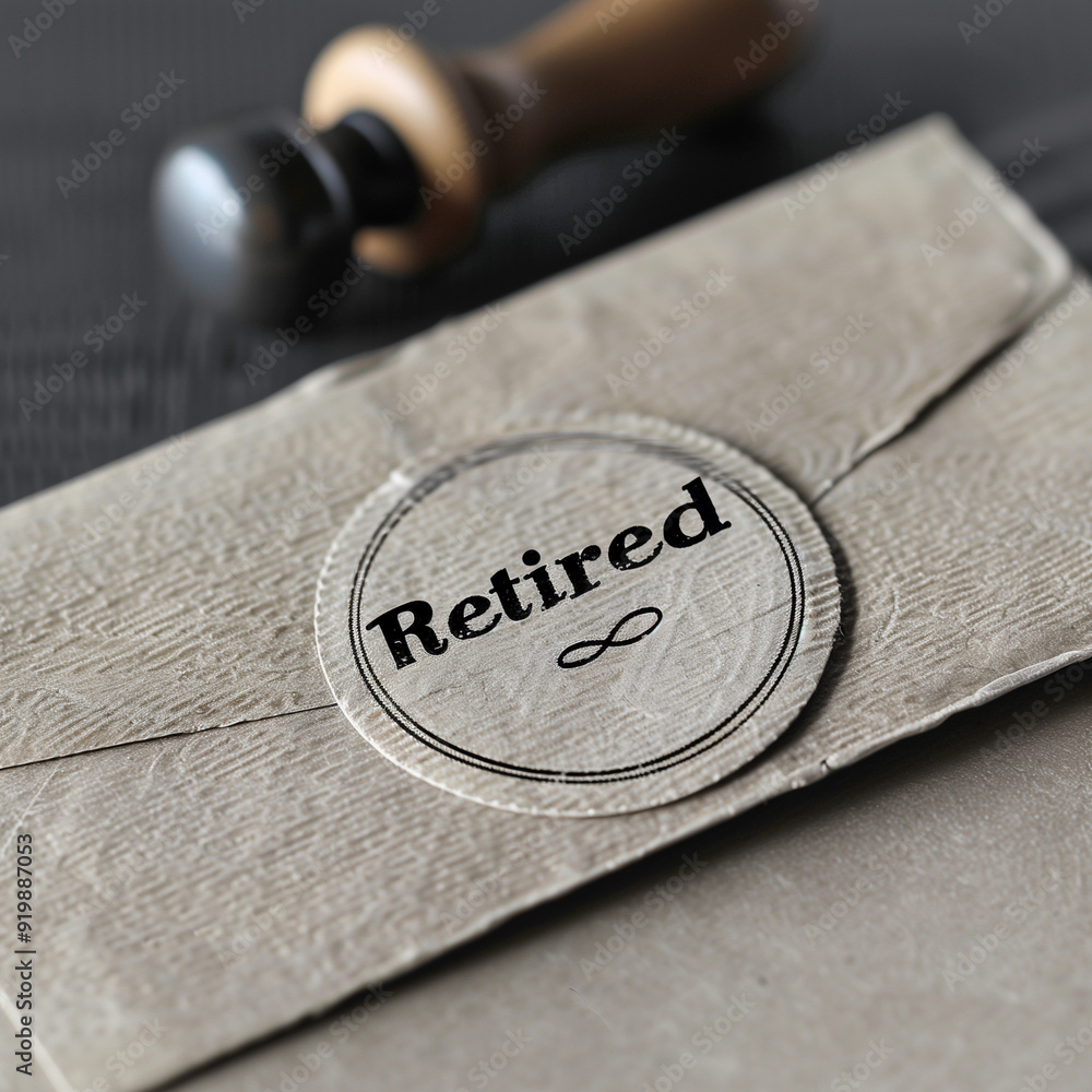 A sophisticated brown stamp imprint with the word "Retired" in elegant ...
