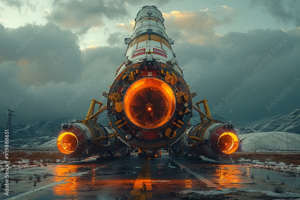 Rocket engine turbines on spacecraft ready for launch on runway for ...