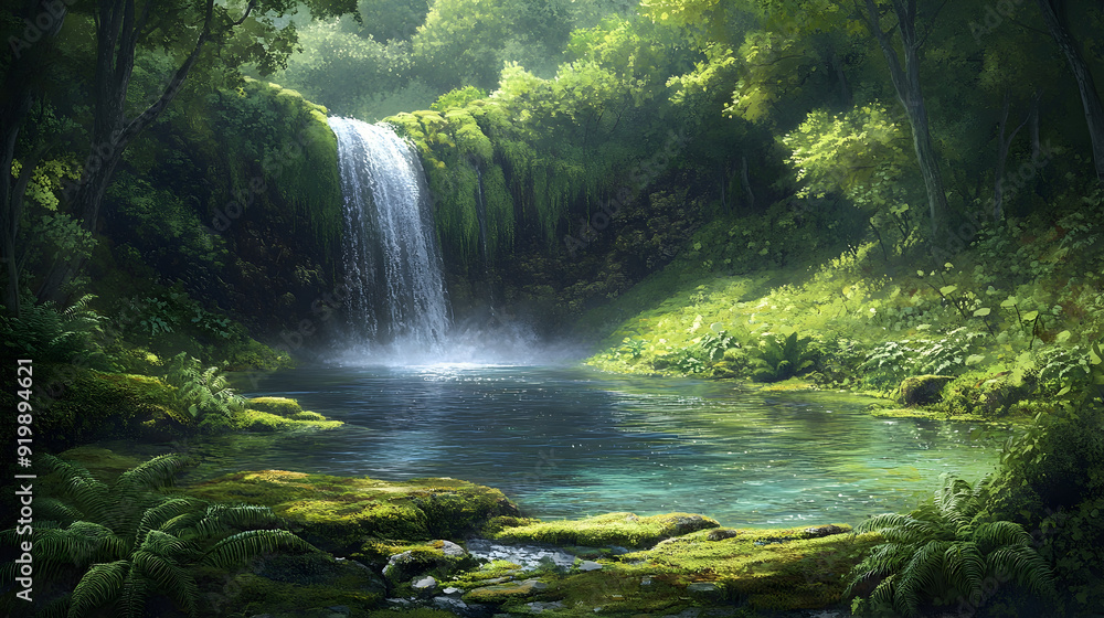 Forest with a Hidden Waterfall - An illustration of a secluded forest ...
