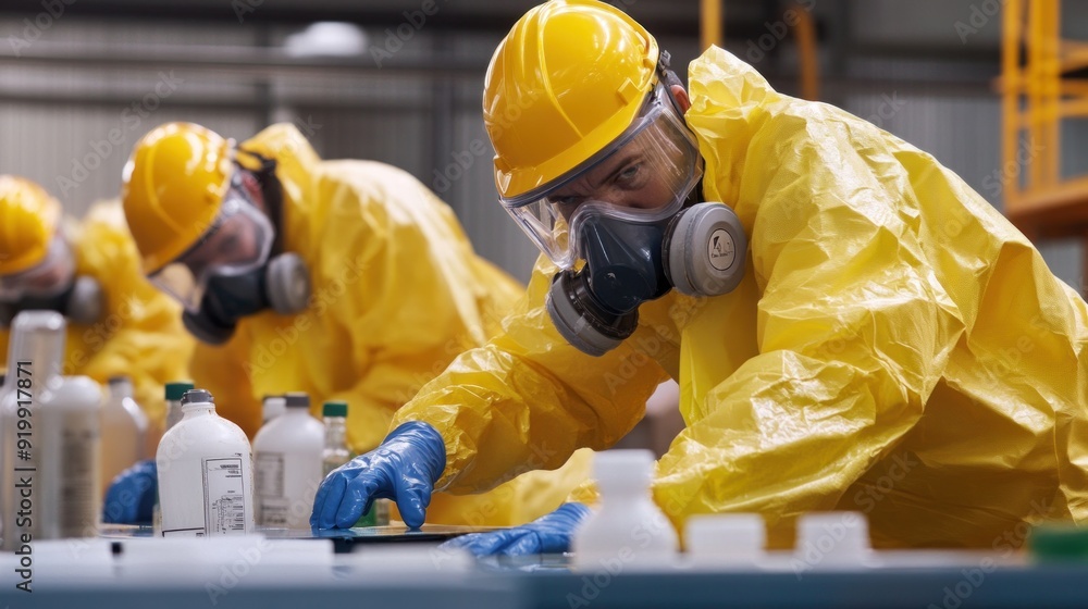 Generate a photo realistic image of workers training on chemical ...