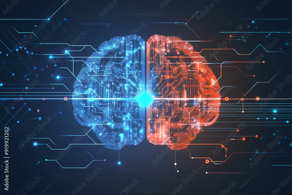 A digital brain split into red and blue hemispheres with glowing circuits representing the dual ...