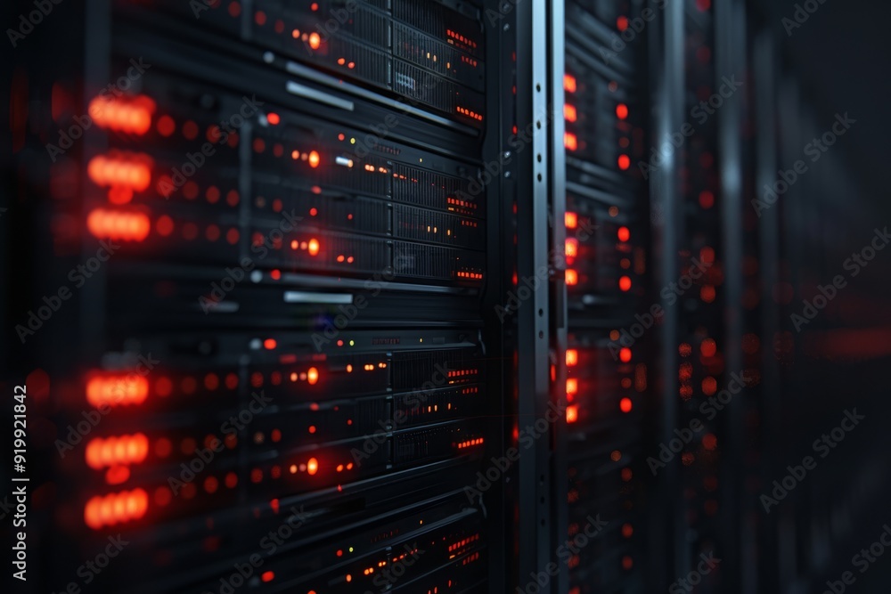 A detailed, upclose view of sleek servers that are emitting vivid red ...