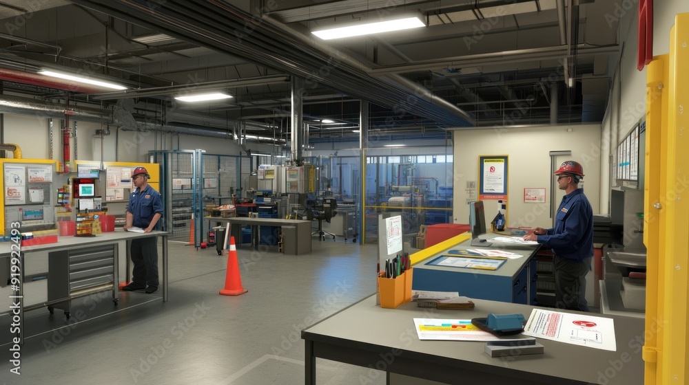 Generate a photo realistic image of a workplace undergoing an OSHA ...