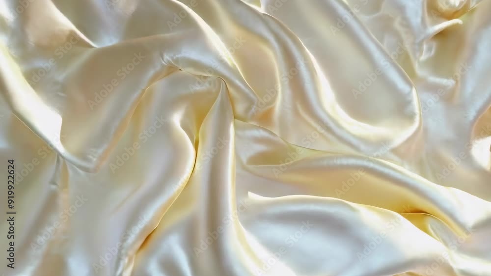 This close-up captures the smooth, cream silk fabric delicately draped ...