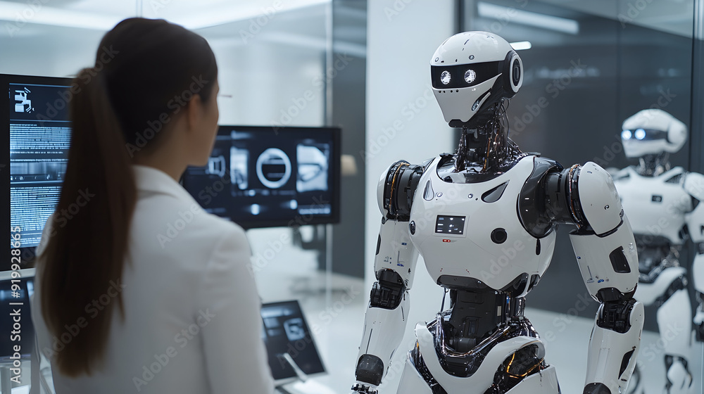 Humanoid Robots Interacting with Humans - A visual of humanoid robots engaging in daily tasks ...