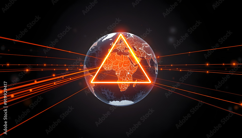 Tech Earth Globalization networking, orange line lights transmit data ...