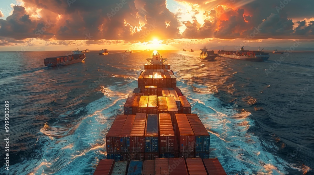 Showcase a container ship passing through a busy shipping lane, with ...