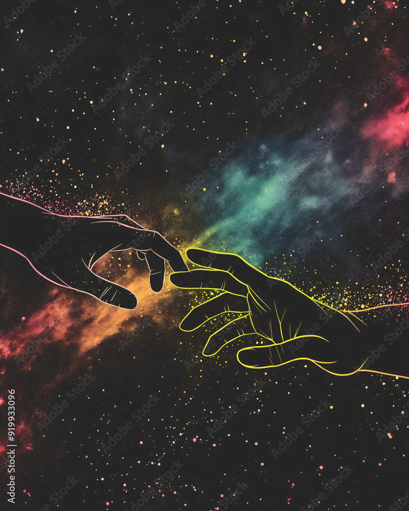 Two hands extend towards each other in a cosmic backdrop, symbolizing ...
