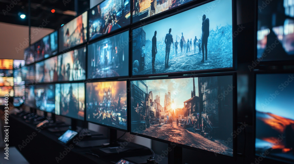 Large TV displays with multiple screens that show videos and TV shows ...