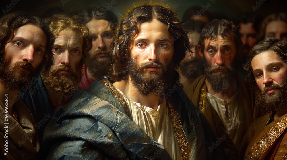 Holy tableau: a portrait of Jesus Christ and his 12 apostles, unity and devotion among the ...