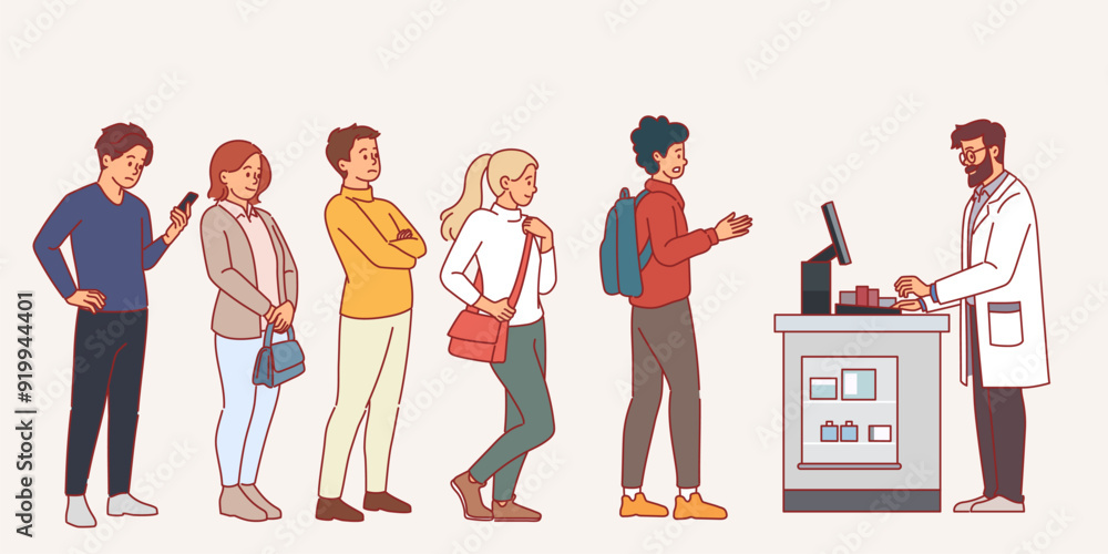Queue at counter. Waiting customers chain, seller serves customers ...
