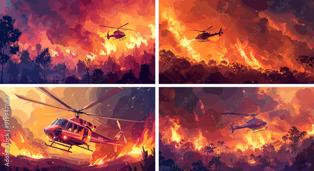 Helicopter dowsing woodland blaze cartoon vector scenes. Fireman forest ...