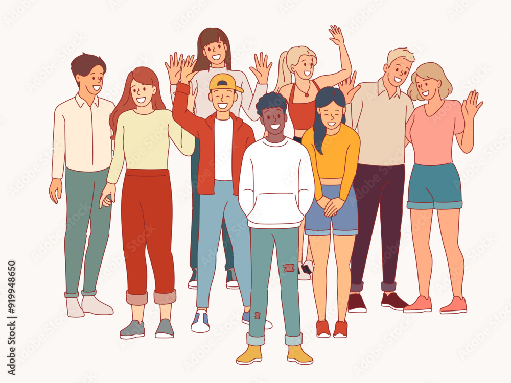 Happy students group. Guys and girls smile, wave hands, multicultural ...