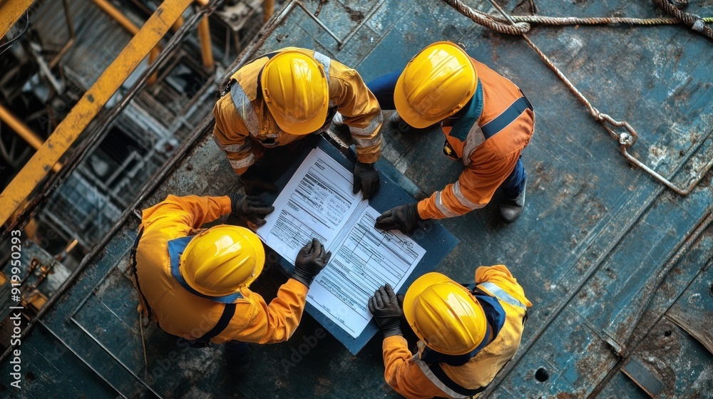 Generate a photo realistic image of workers inspecting safety equipment ...