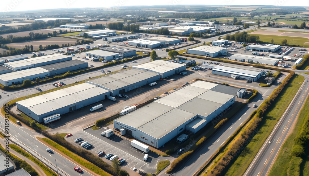 Aerial establishing shot of a nondescript industrial estate in the UK ...