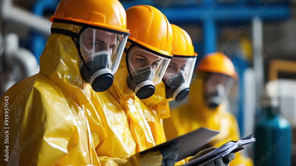 Generate a photo realistic image of workers training on chemical ...