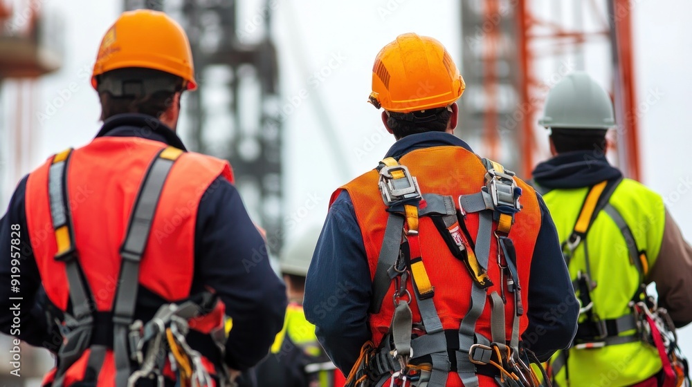 Generate a photo realistic image of workers receiving training on fall ...