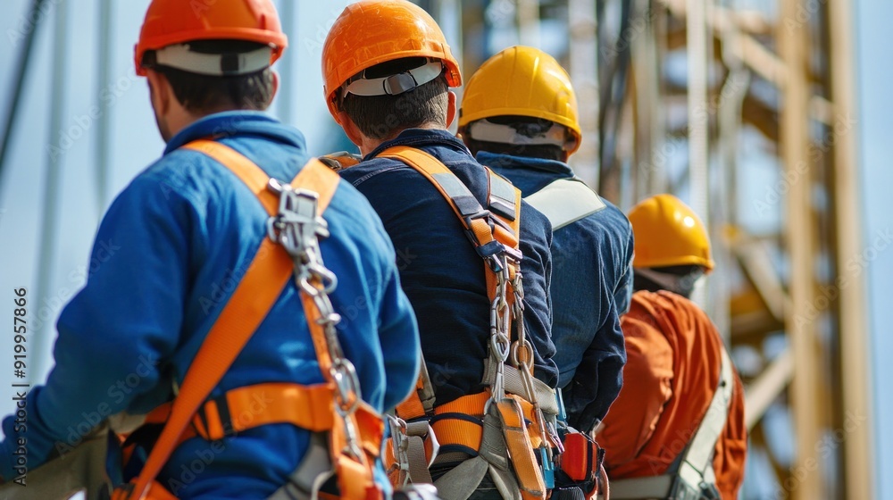 Generate a photo realistic image of workers receiving training on fall ...