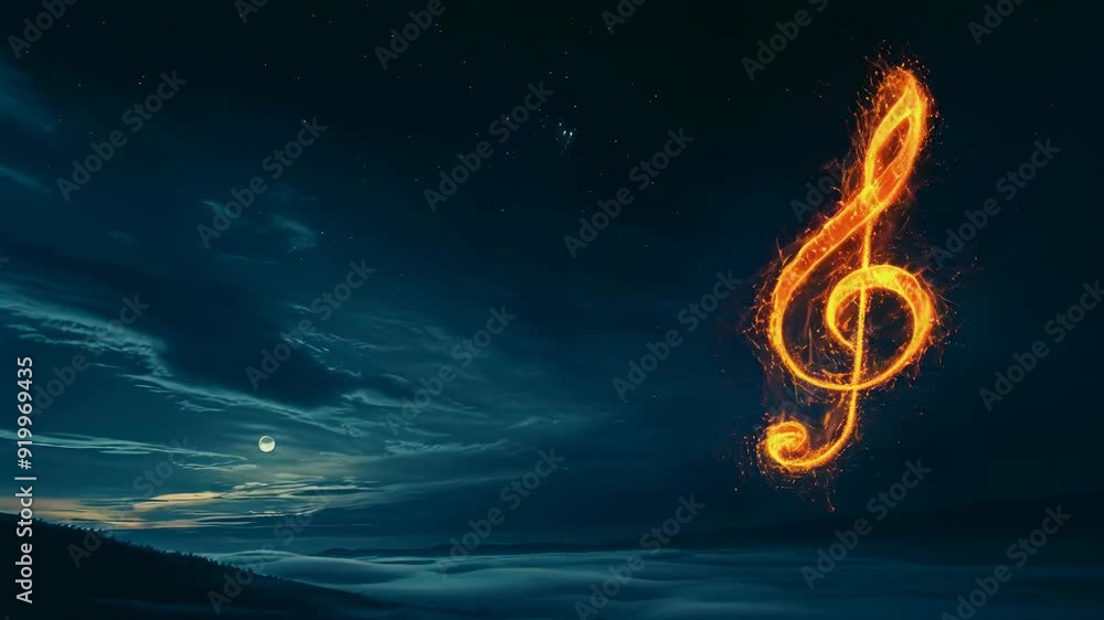 A flaming treble clef symbol illuminates a dark night sky, with the ...