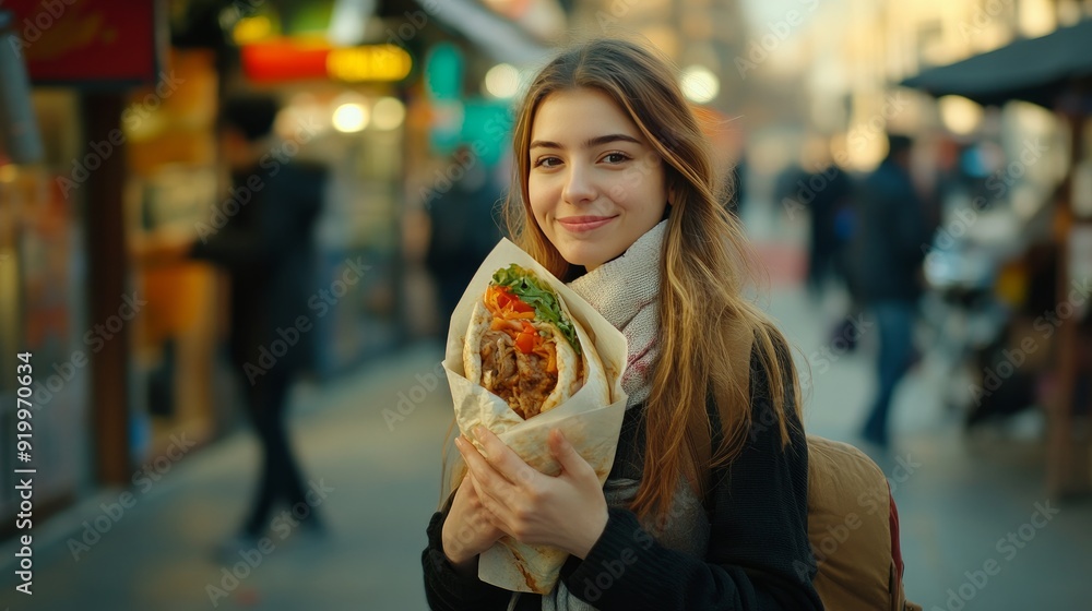 food on the streets A girl is carrying shawarma as she strolls down the ...