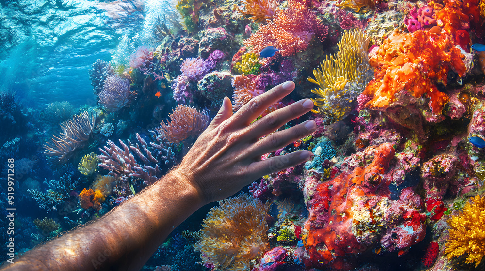 A freediver’s hand brushing against a coral reef, with a close-up of ...