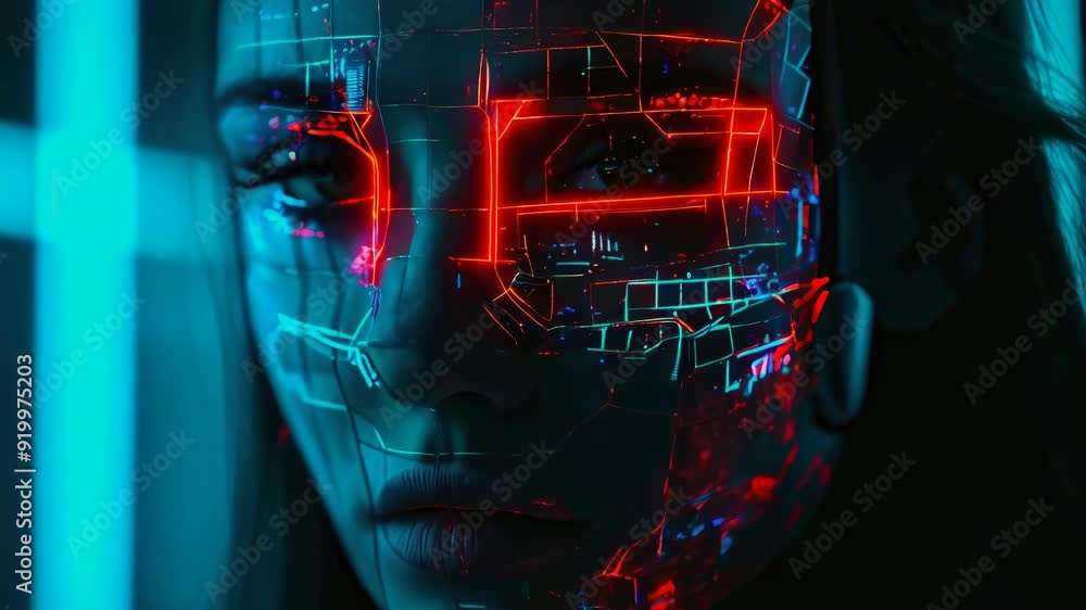 A young woman with a digital overlay on her face, illuminated by neon ...