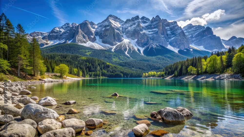 Rocky bathing beach at Lake Eibsee with a view of the Zugspitze ...