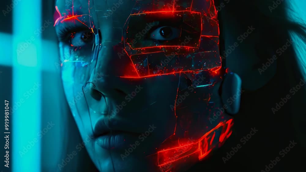 A young woman with a digital face mask illuminated by neon blue and red ...
