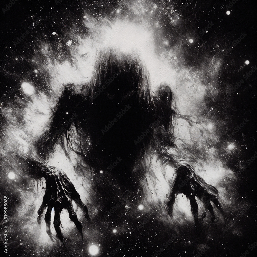 Horror alien nightmare figure background artwork, stars and planets ...