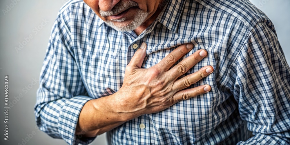 Close up of man clutching chest in pain during a heart attack, heart ...