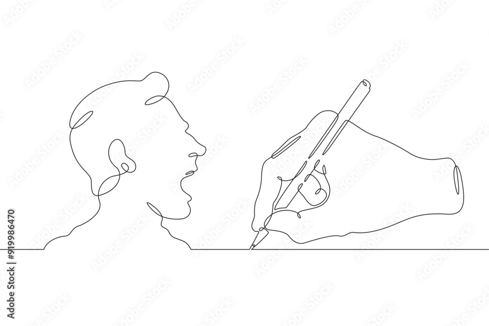 Hand with pen draws talking head. Man speaks. Pencil in hand. Profile of face.One continuous ...