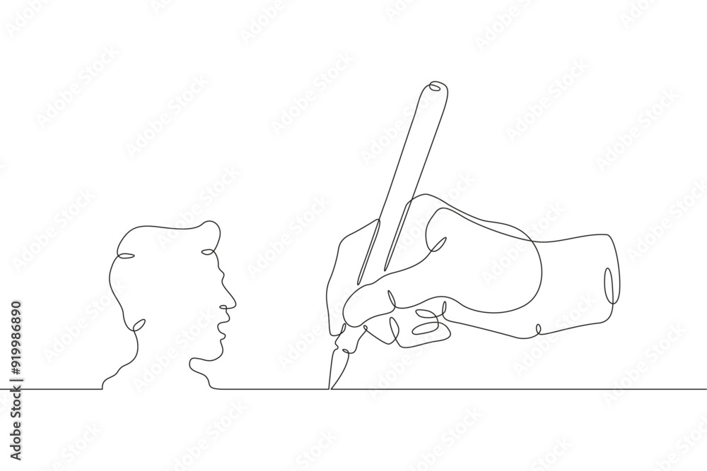 Hand with pen draws talking head. Man speaks. Pencil in hand. Profile ...