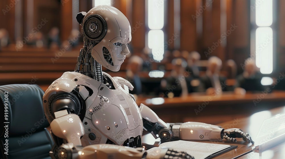 Robot judge presiding over a courtroom session with an audience in ...
