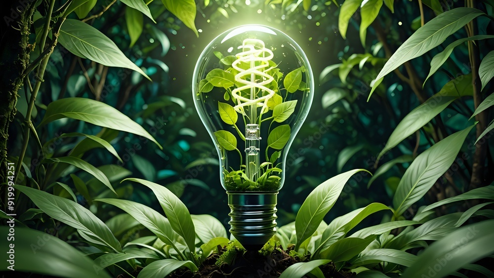 Green leaves growing inside a light bulb, representing renewable energy ...