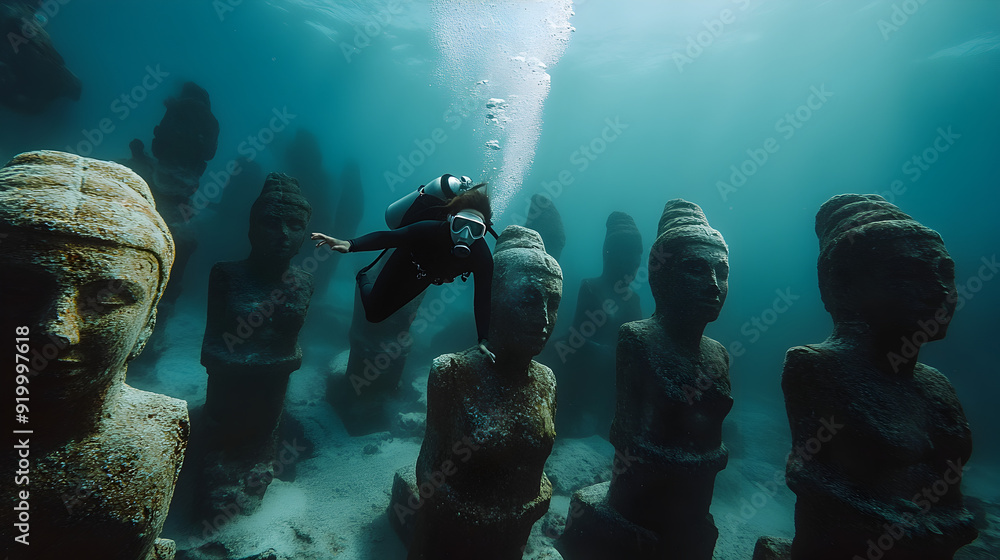 A freediver exploring an underwater labyrinth of sunken statues, with ...